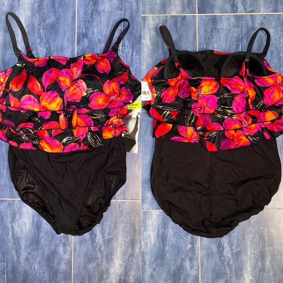 Longitude | Swim | Longitude Swim Suit Black Pink Floral Ruffle 22 ...